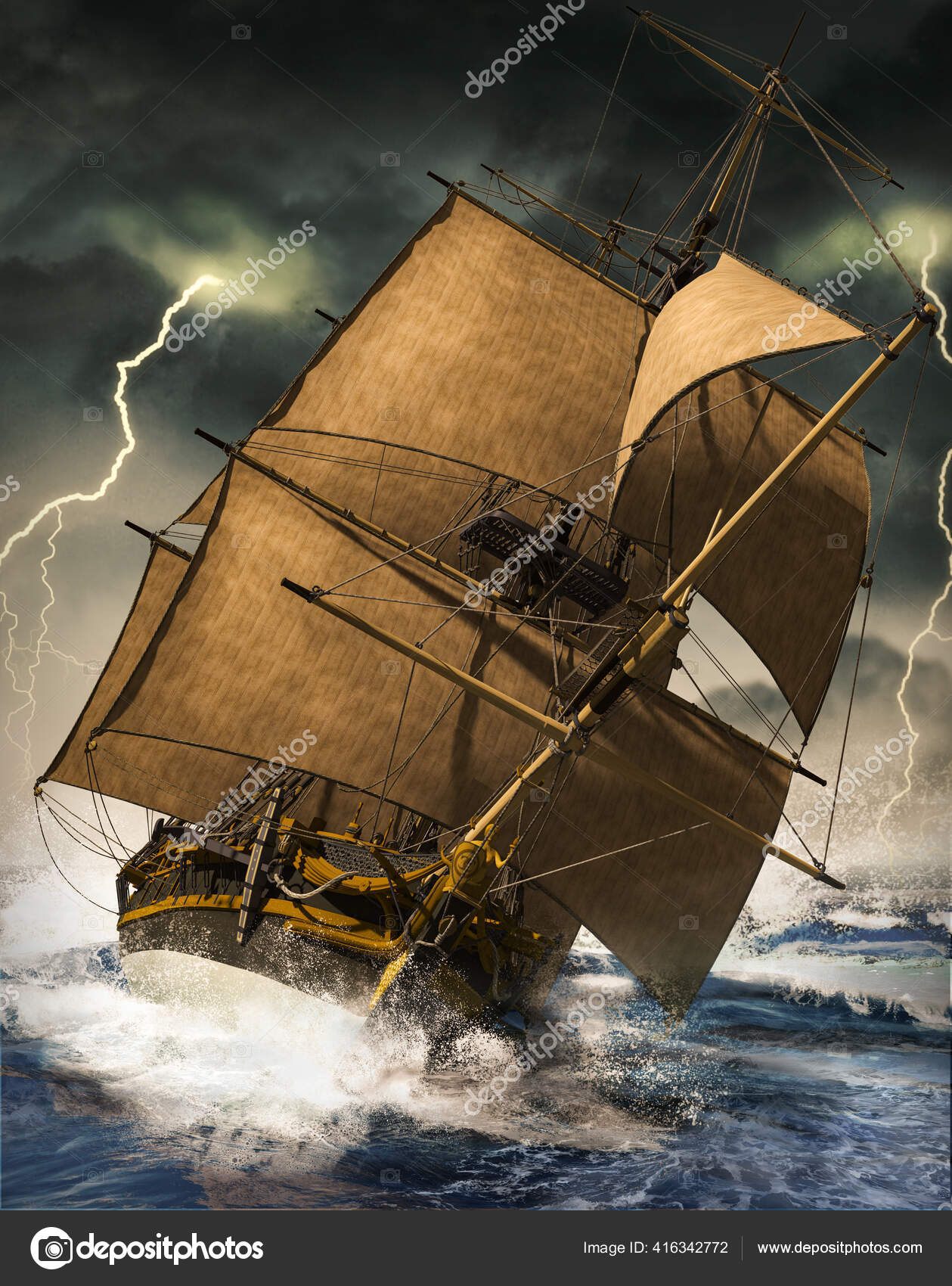 Ocean Sailing Ship Riding Waves Struggling Stay Afloat Heavy Thunder ...