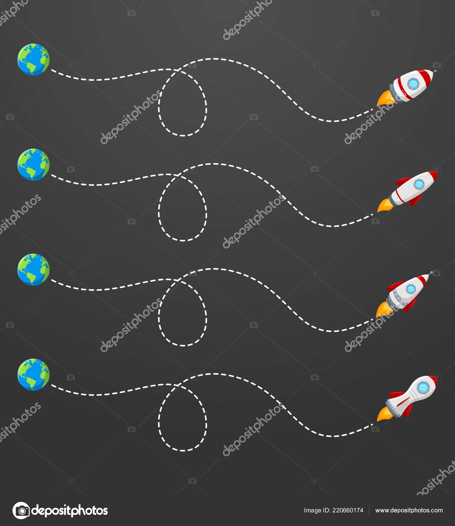 Vector Illustration Flying Rocket Dotted Line Route Stock Vector by ...