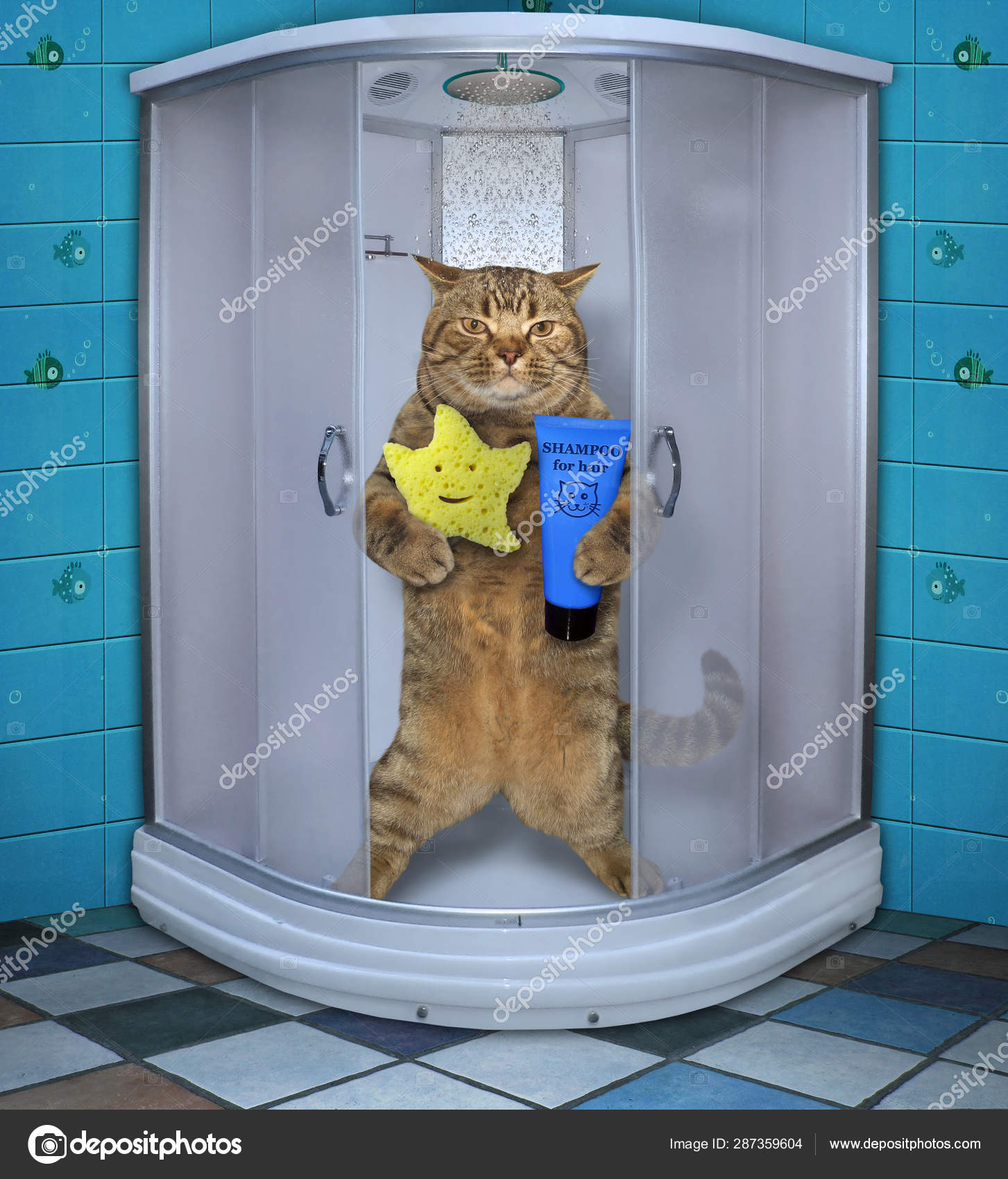 Cat taking a shower 3 Stock Illustration by ©Iridi #287359604