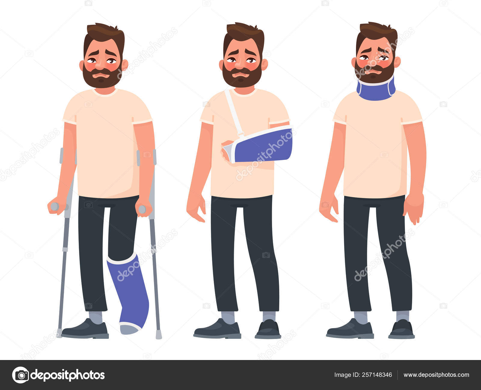 Conjunto de hombre de carácter triste con lesiones. Fractura o ...