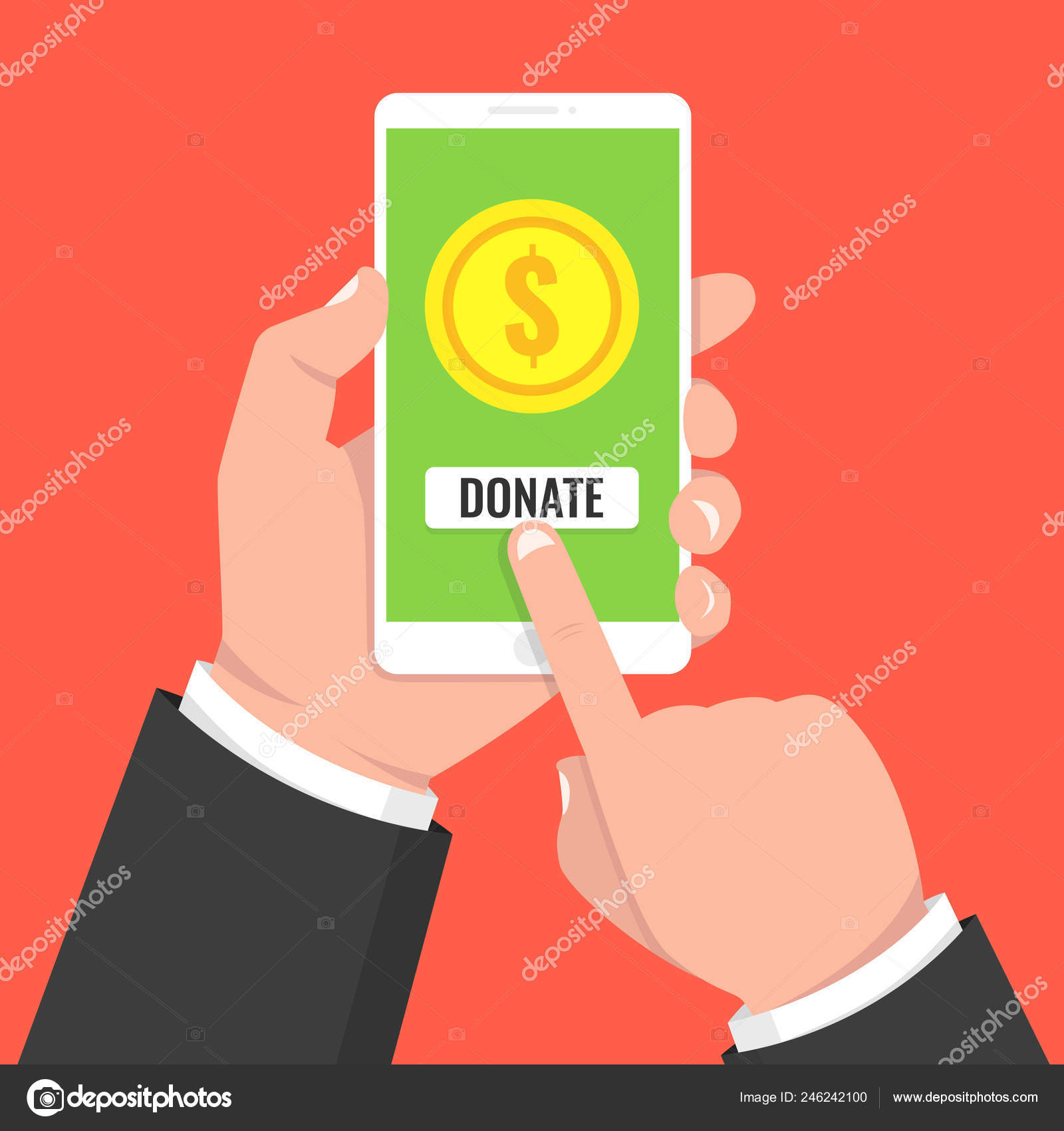 Donar Concepto Línea Smartphone Mano Con Moneda Oro Botón Pantalla ...