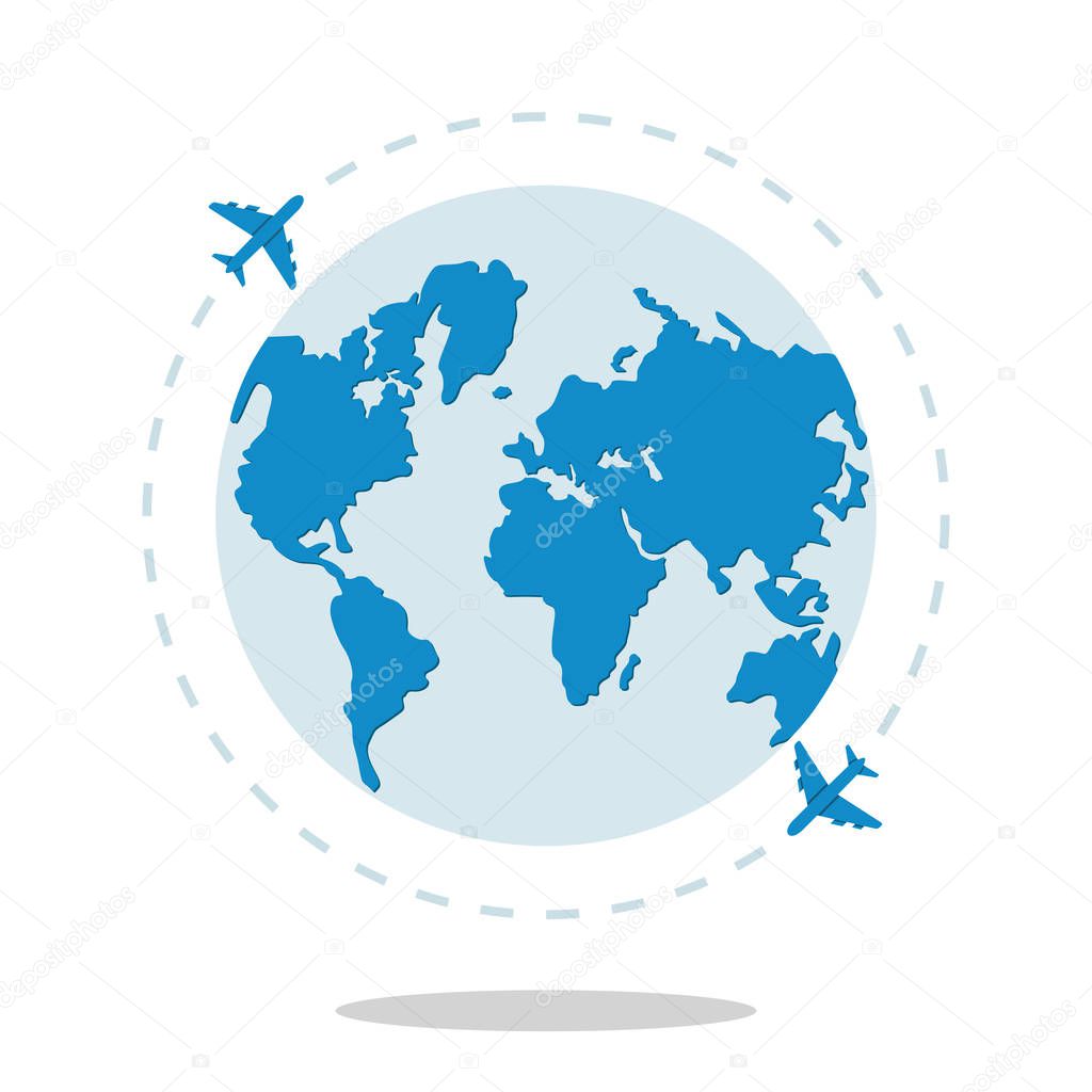 Mapa del mundo con avión. Viajar alrededor del mundo concepto. 2023