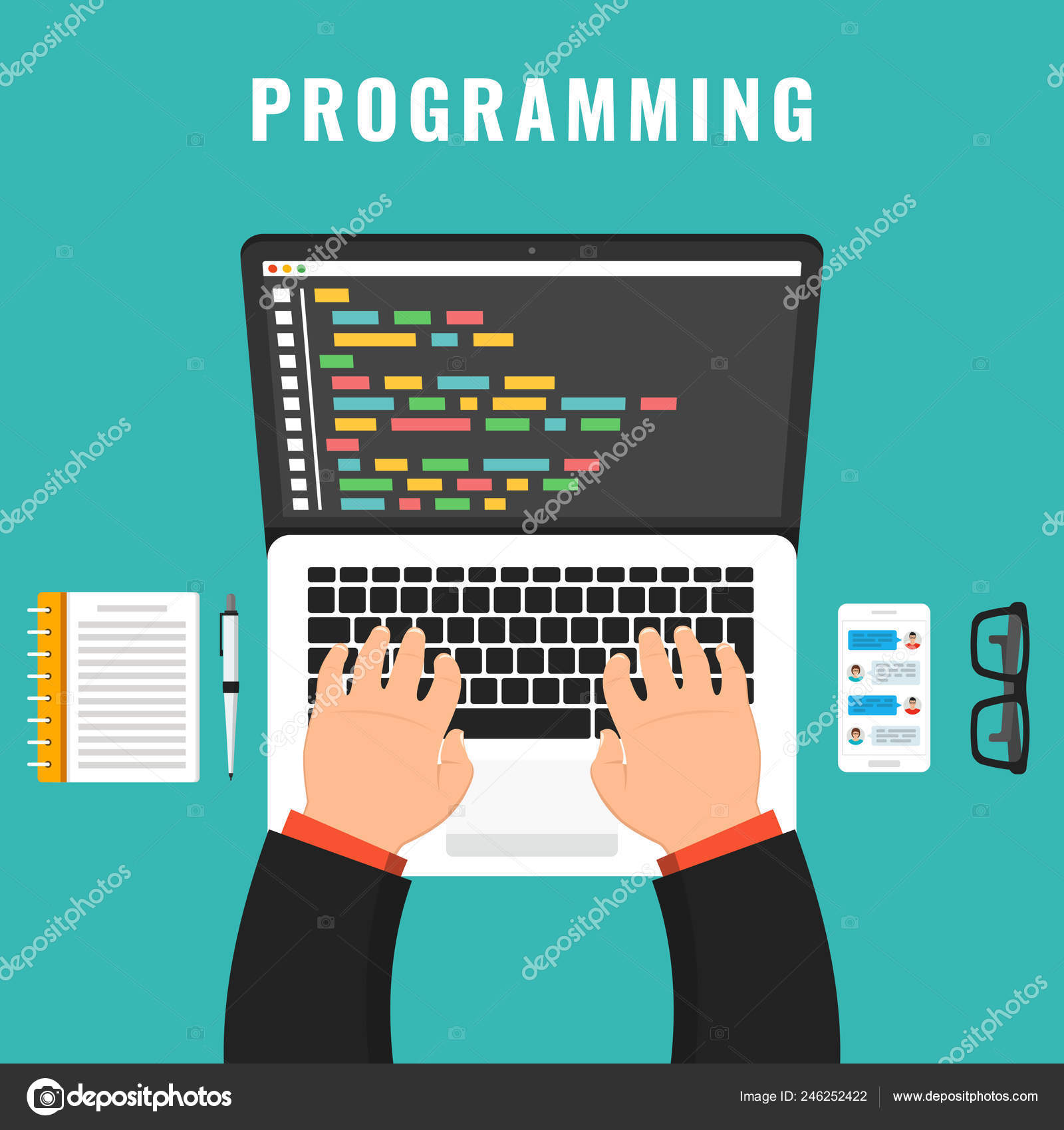 Programmer Coding Laptop Computer Work Desk Code Screen Laptop Vector Stock Vector By ©alexweb