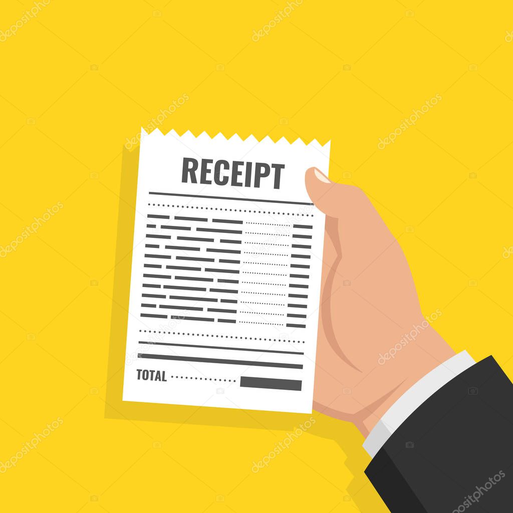 Mano con recibo en blanco. Plantilla Bill atm o cheque financiero de ...