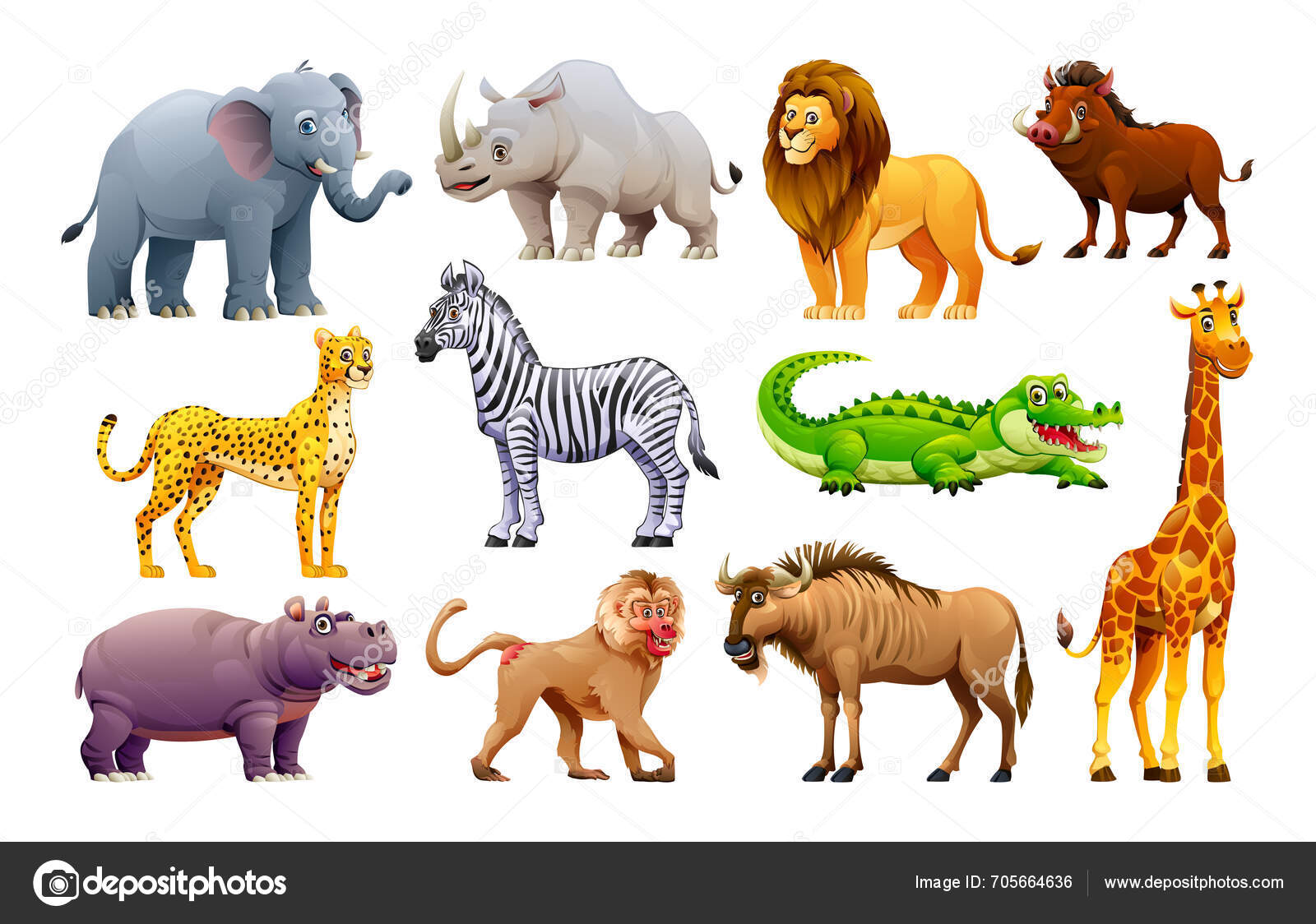 Colección Animales Salvajes Africanos Dibujos Animados Vectoriales Ilustración Vector de stock ...