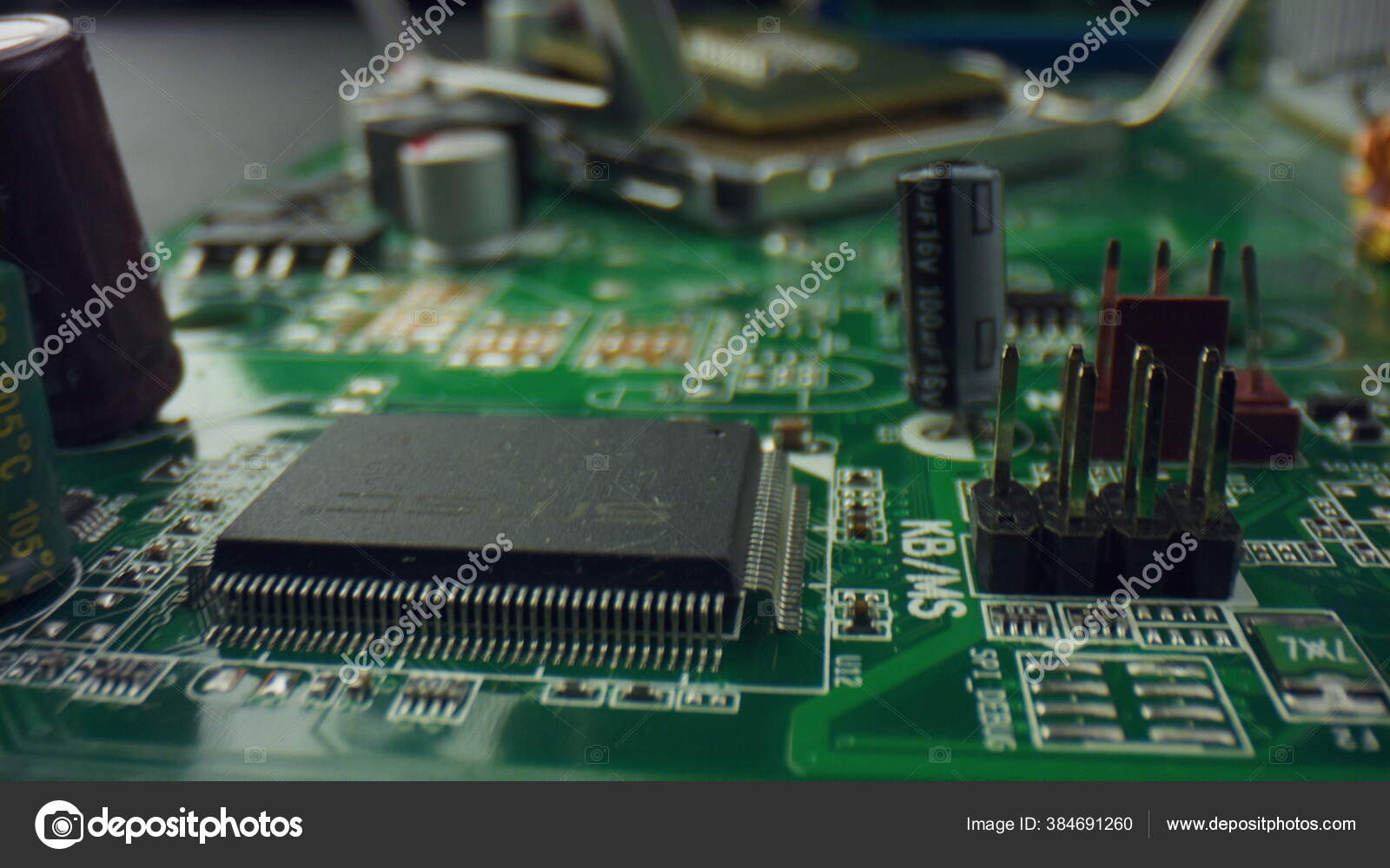 Electronic computer motherboard. Closeup elements of motherboard ...