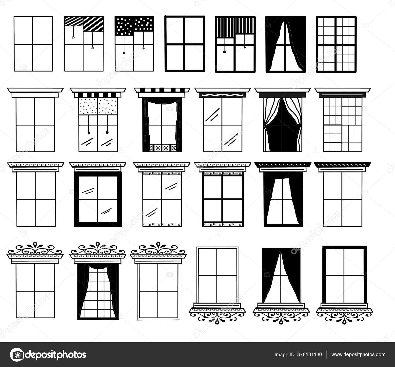 Windows Collection Drawings Different Architectural Elements Set House ...