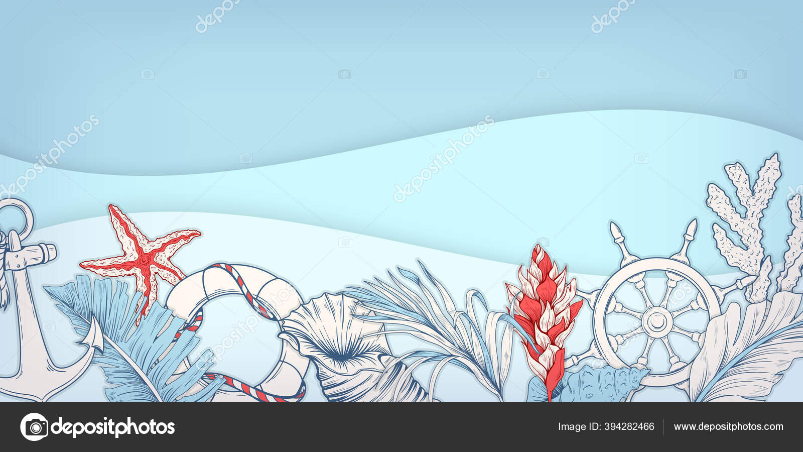 Beach Background Tropical Plants Shells Corals Nautical Elements Stock ...