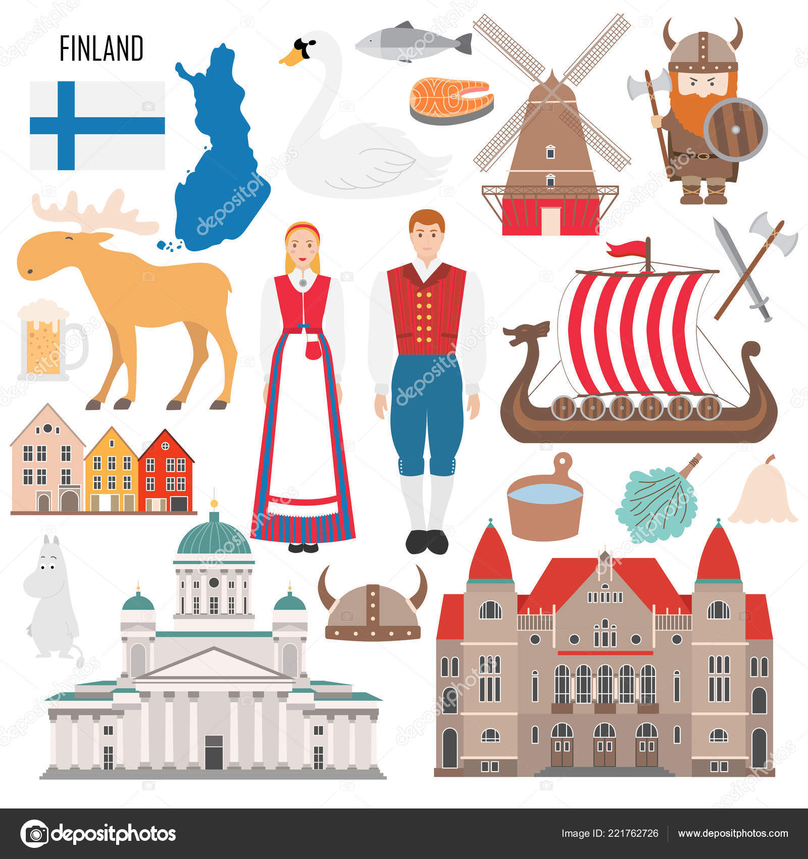 Set Architecture National Flag Costume Map Other Finland Symbols Flat ...