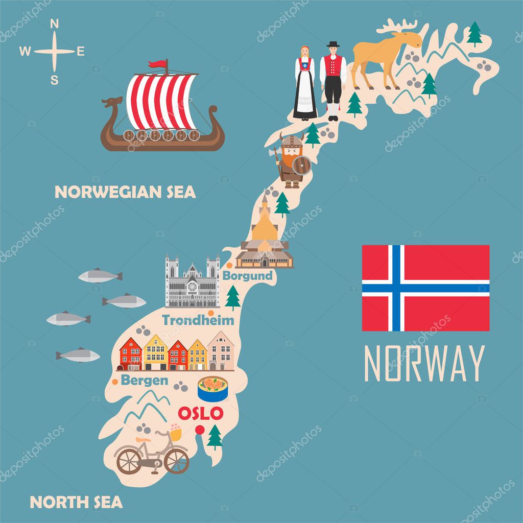 Mapa estilizado de Noruega. Ilustración de viajes con monumentos ...