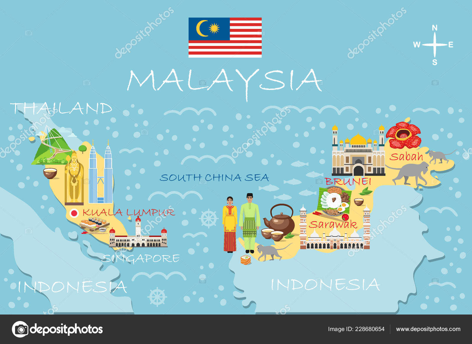 Stylized Map Malaysia Travel Illustration Malaysian Landmarks ...