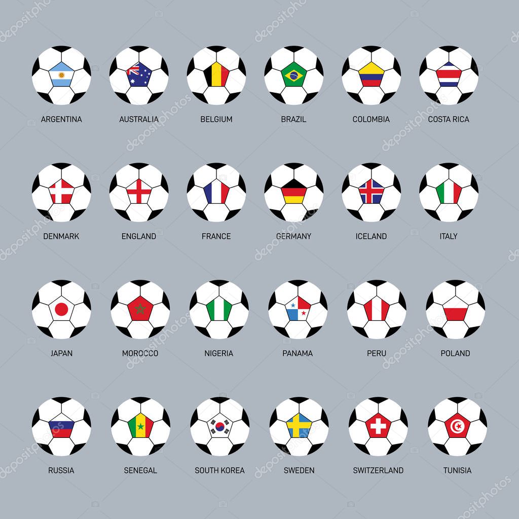 Conjunto de bandera del mundo en el icono de la pelota de f tbol dise o plano, vector de ...