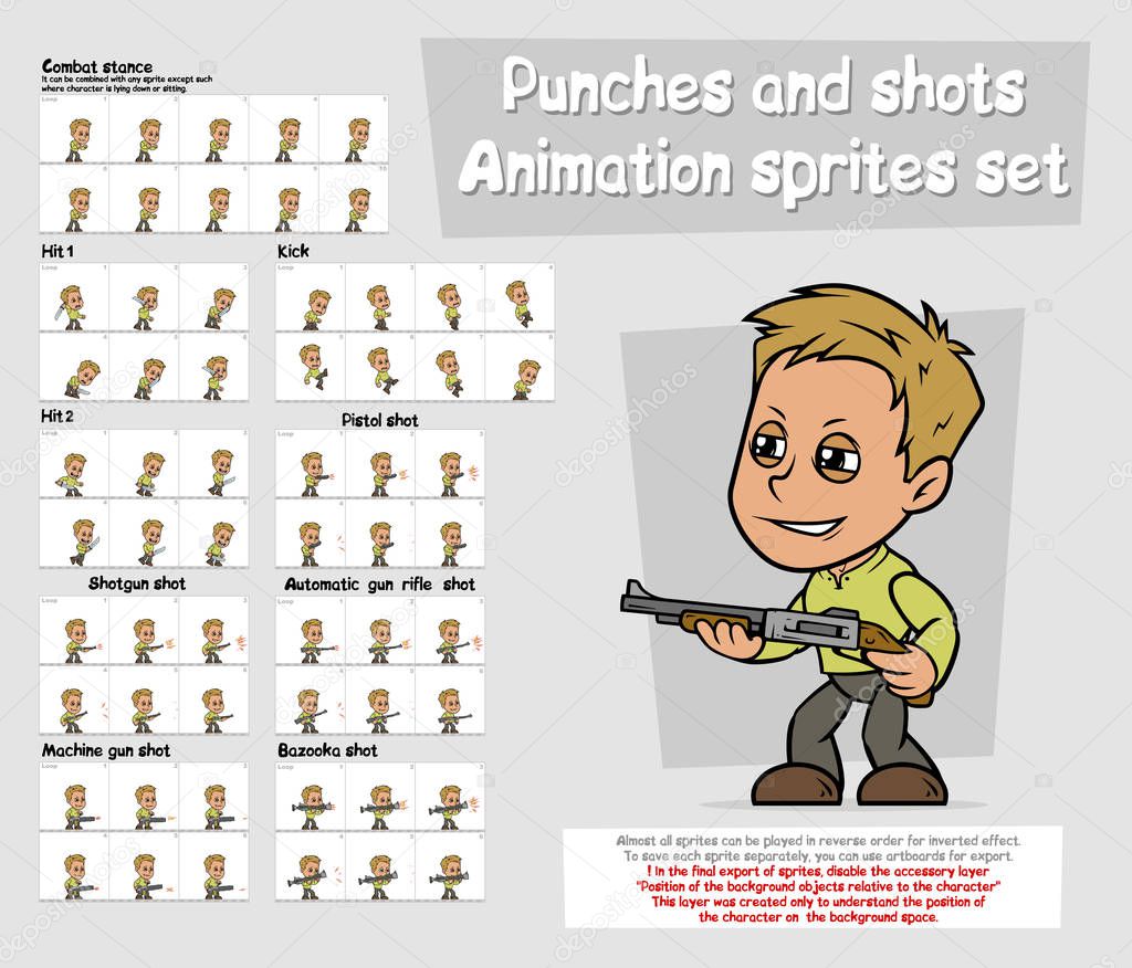 Cartoon boy character big vector animation sprites sheet set. Punches ...