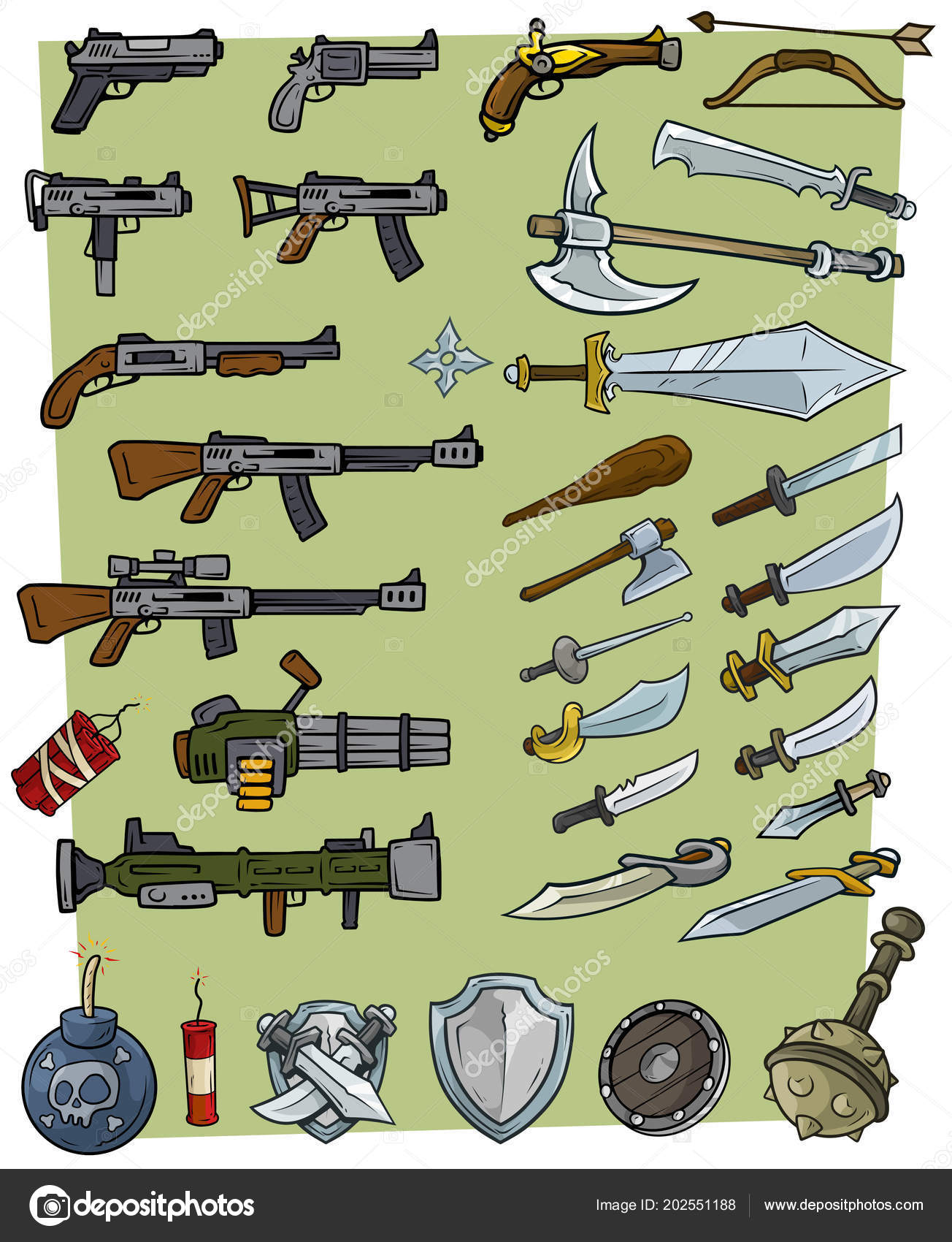 Cartoon big weapons and explosive game icons set Stock Illustration by ...