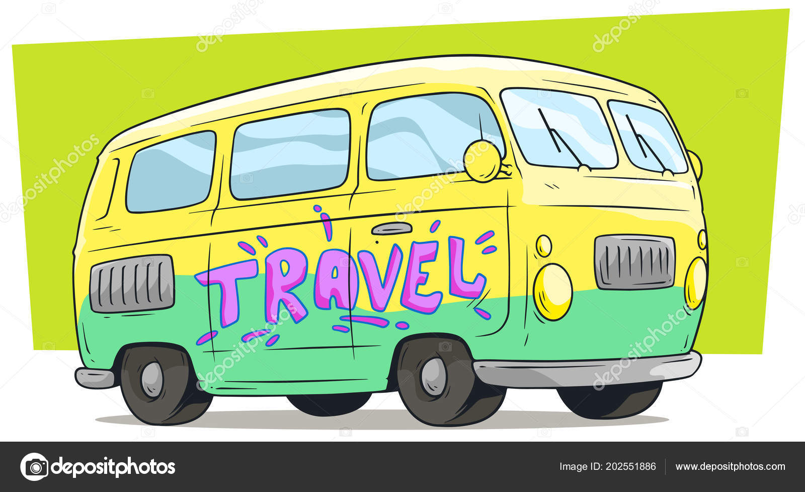 Cartoon retro van bus com etiqueta de texto Viagem imagem vetorial de ...