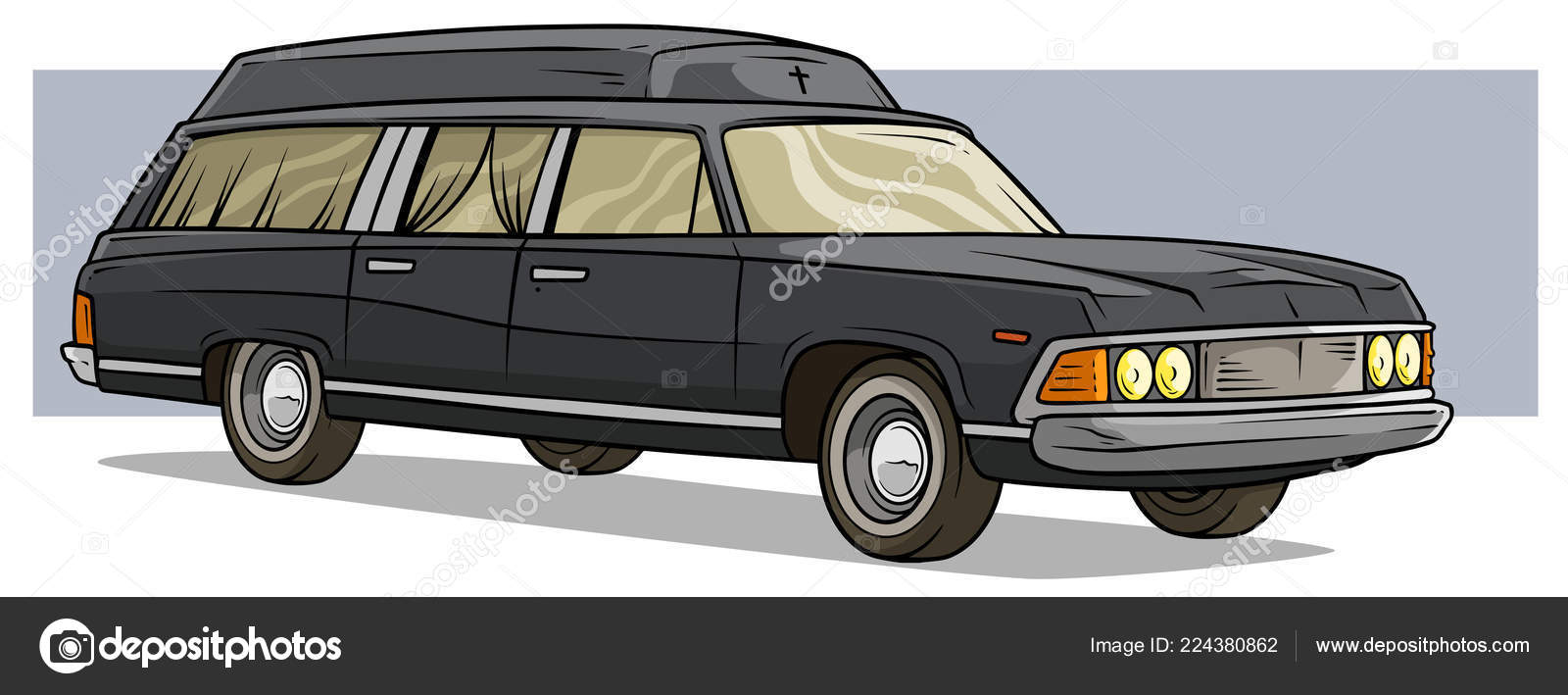 Cartoon Black Old Long Classic Funeral Hearse Car Cross Curtains Stock ...