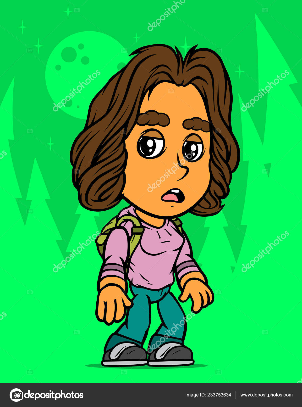 Cartoon White Cute Standing Bored Brunette Girl Character Backpack ...