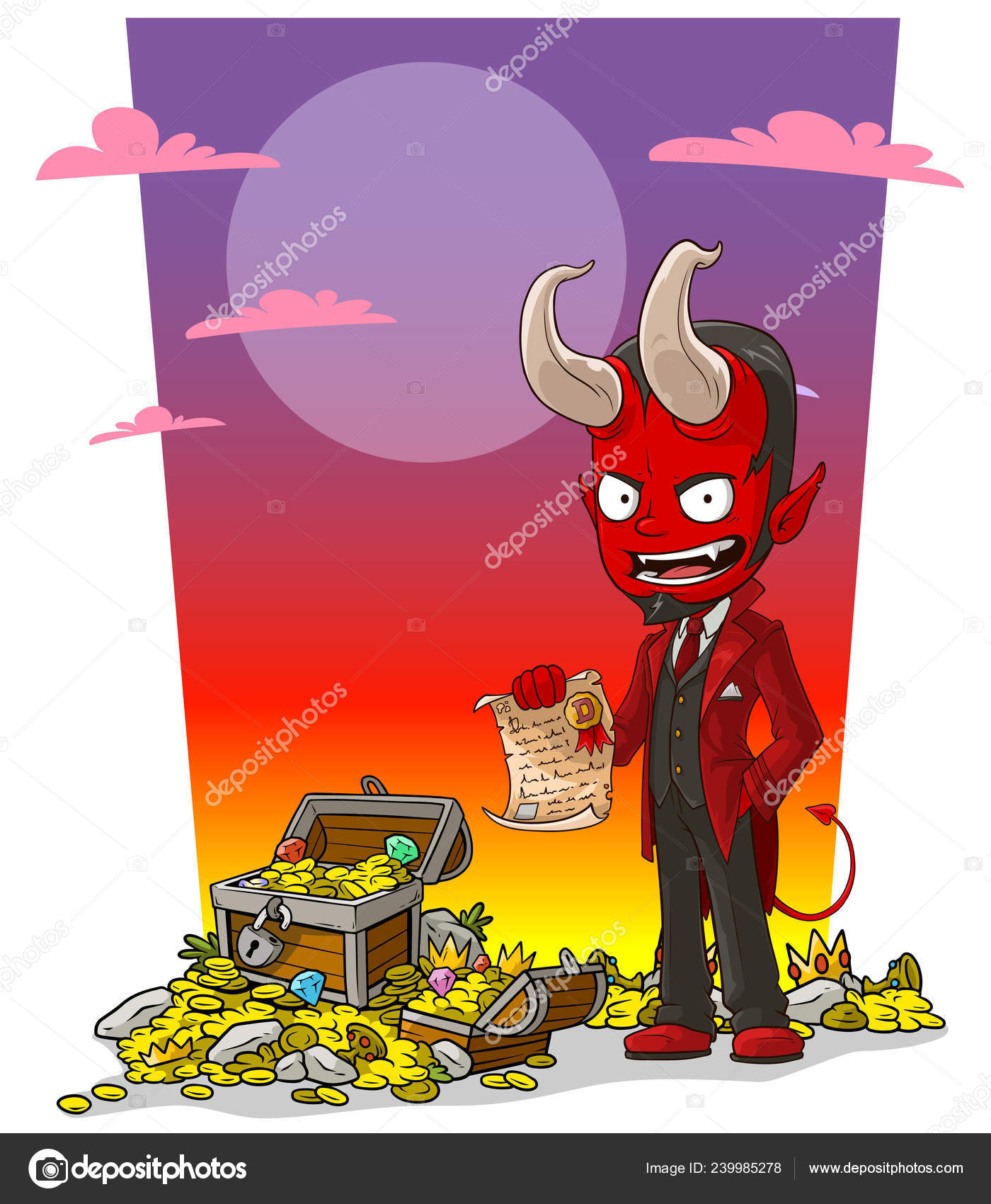 Cartoon Sly Evil Red Devil Character Contract Treasure Chest Diamonds ...