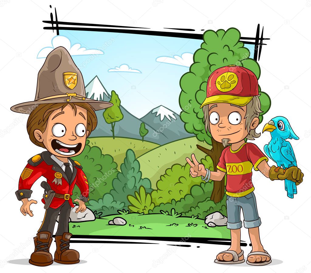 Personaje guardián del zoológico de dibujos animados con loro y ...