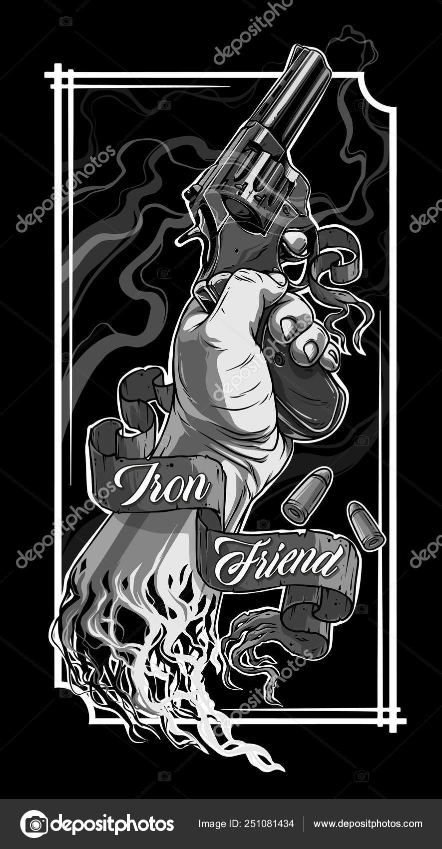 Graphic human hand holding old revolver Stock Vector by ©GB_Art 251081434