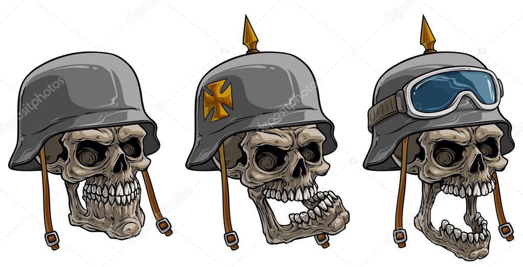 Calaveras humanas de dibujos animados en casco de soldado alemán viejo 2024