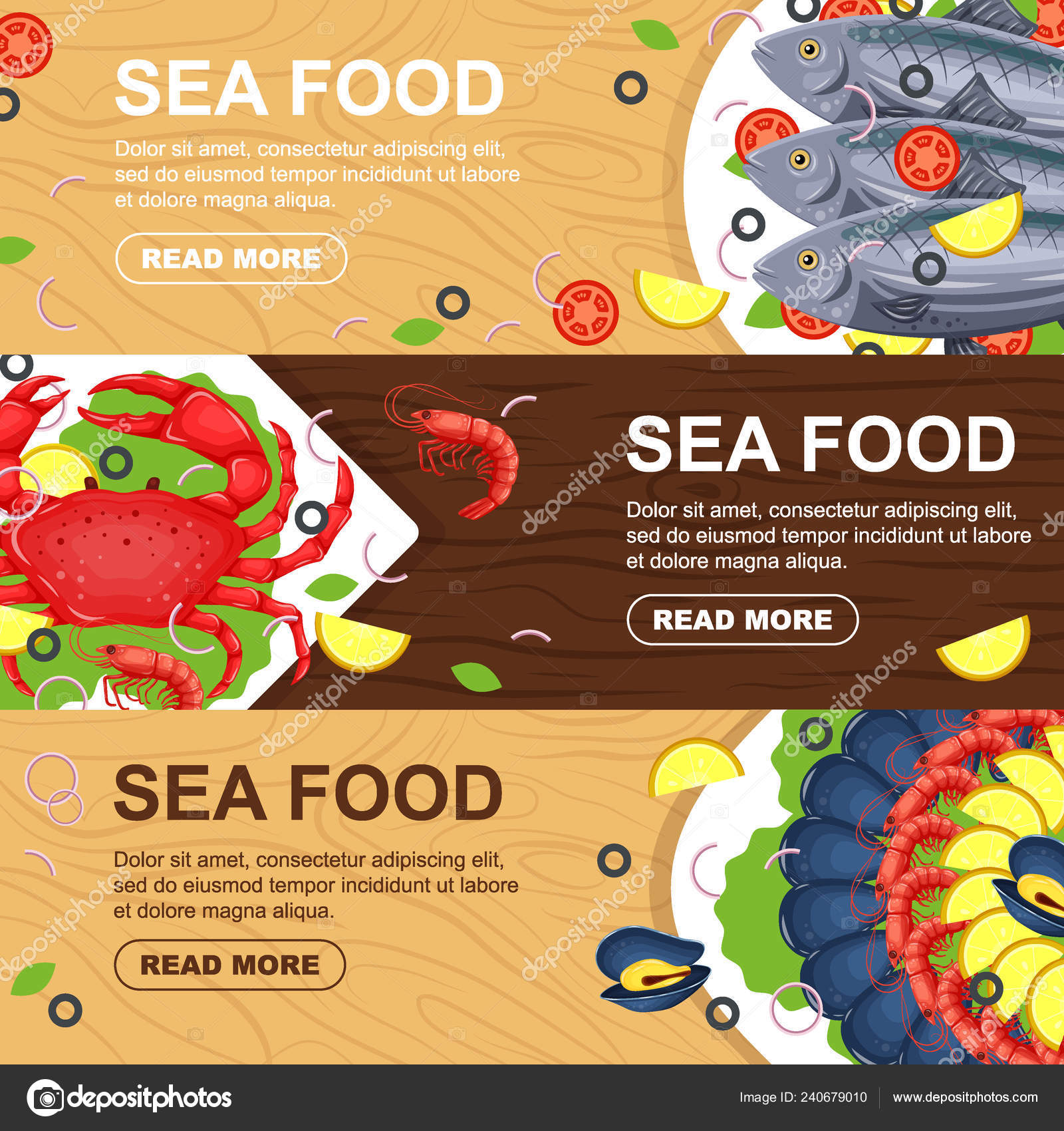 Horizontal seafood banners set for menu design with fish, crab, mussels ...