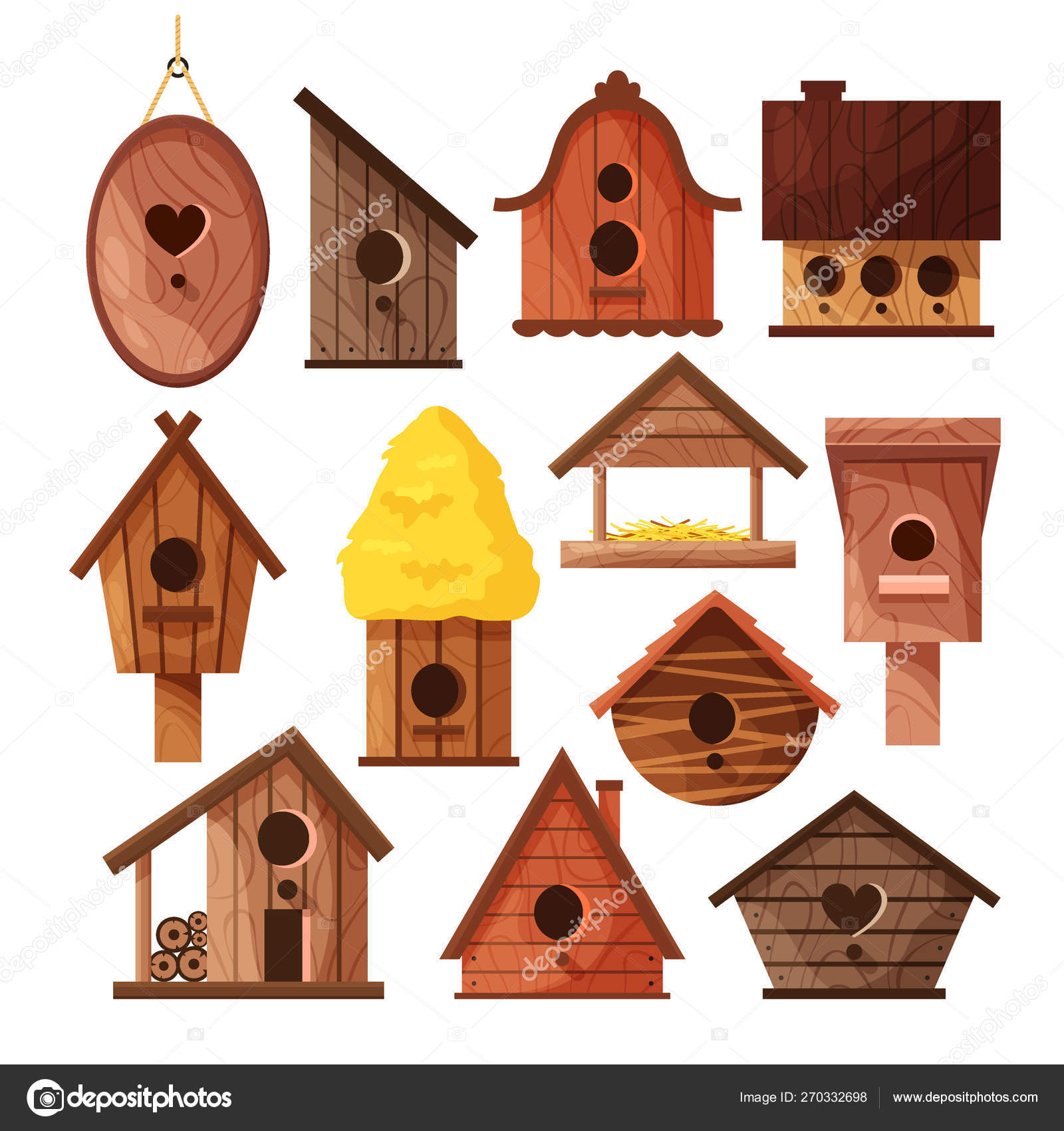 Set of different wooden handmade bird houses isolated on white ...