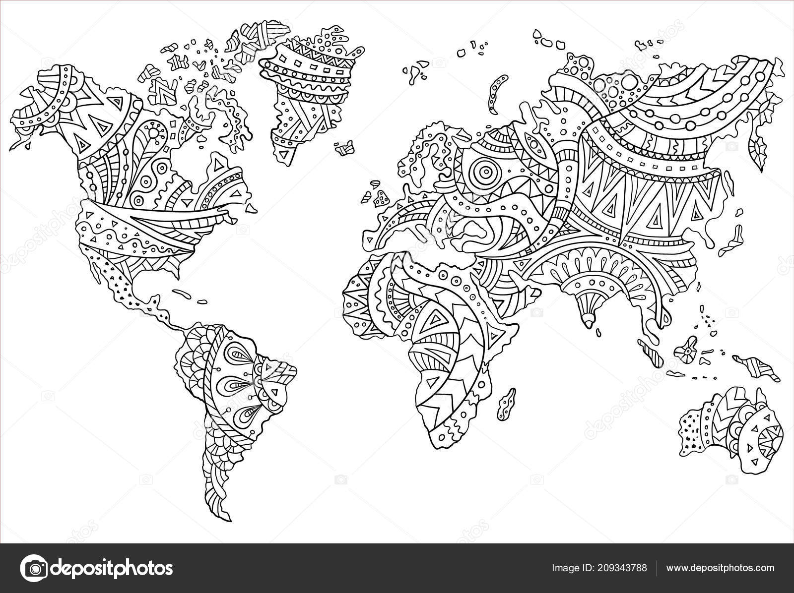 Ethnic Pattern World Map Vector Doodle Continents Drawn Hand Template ...
