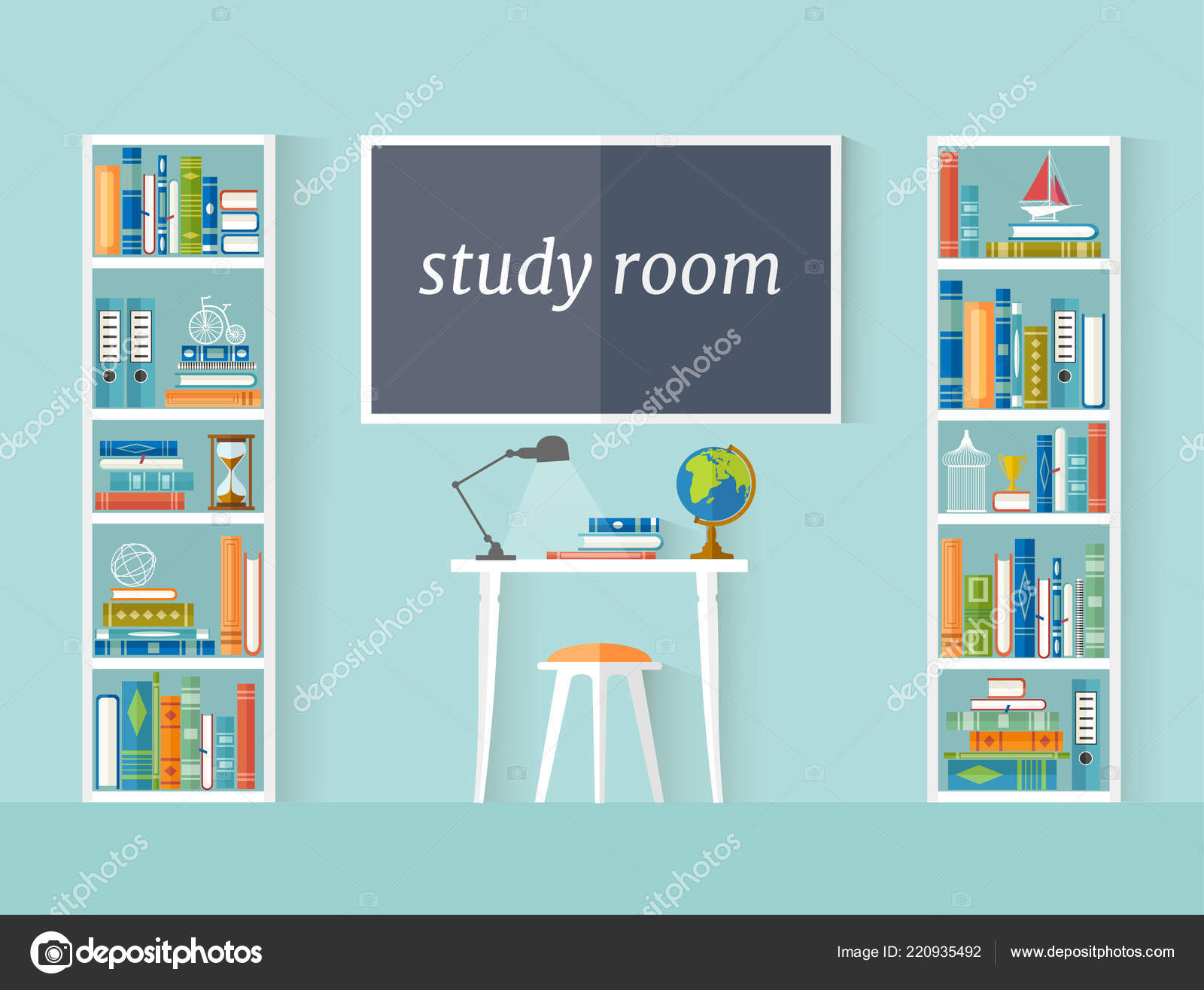 Design of the study room. Vector illustration. Stock Illustration by ...