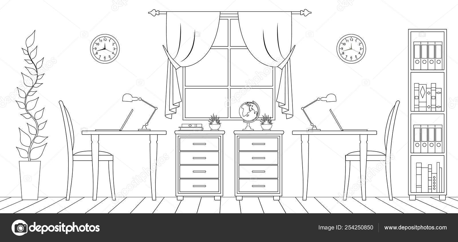 Working room with furniture in a linear style. Sketch of the workplace ...