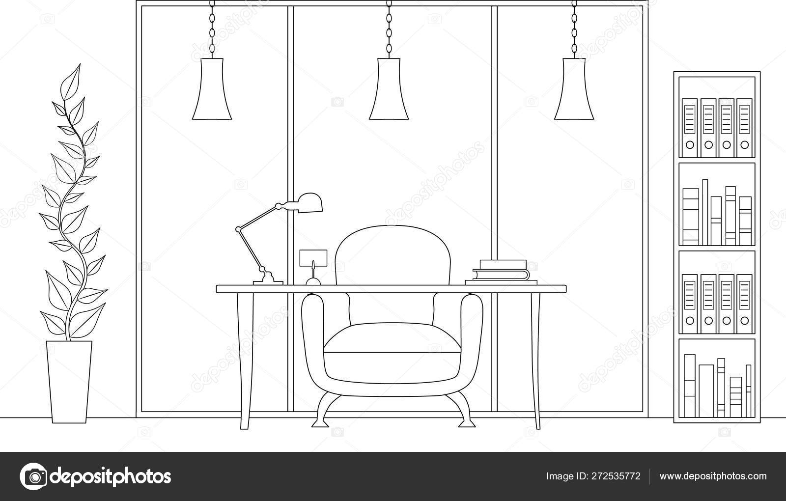 Cabinet plan in a linear style. Vector office interior. Stock Vector by ...