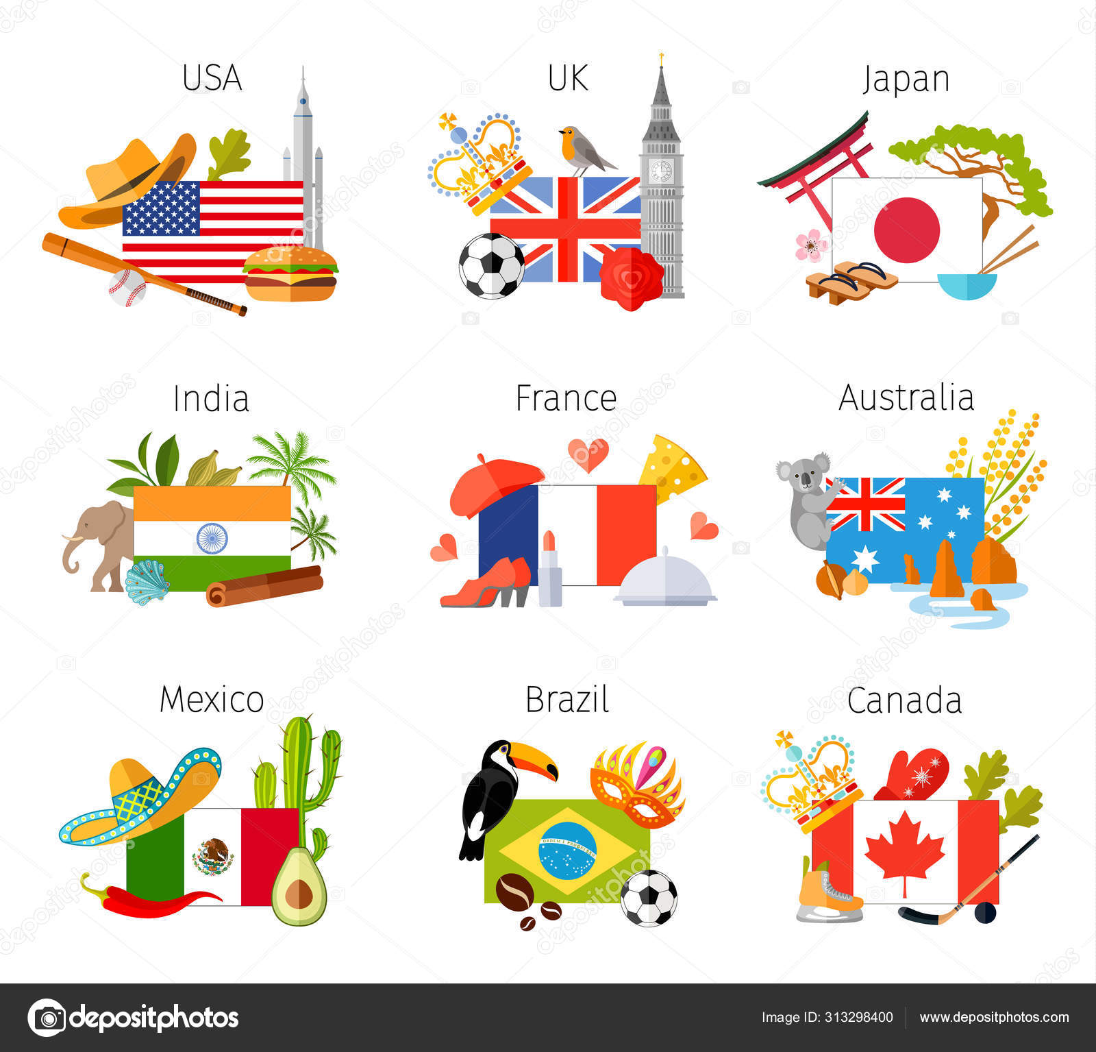 Travel collages with flags and main symbols of different countries ...