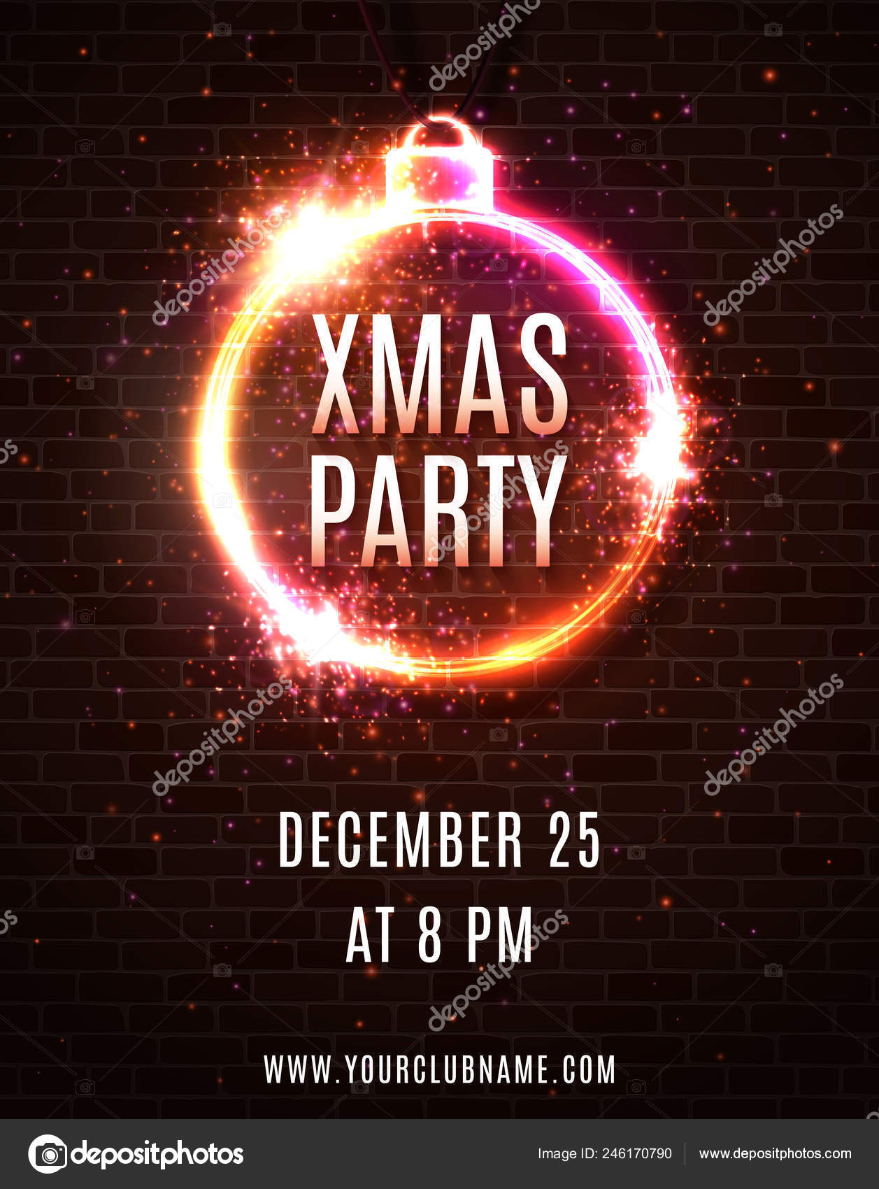 Neon lights Xmas Party poster template. Christmas decoration shape ...