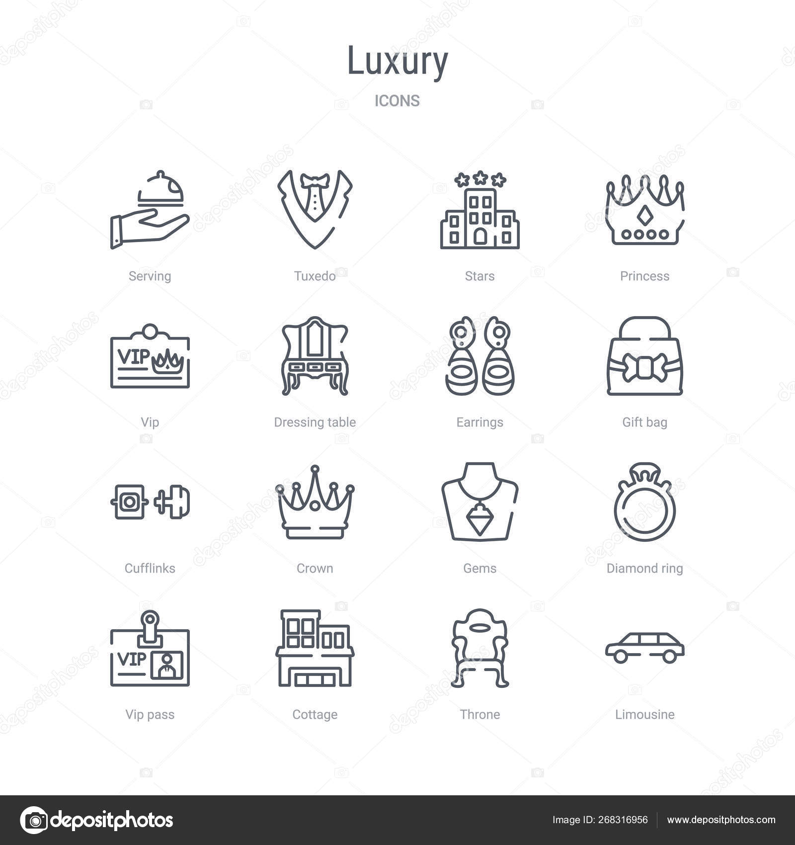 Set of 16 luxury concept vector line icons such as limousine, th Stock ...