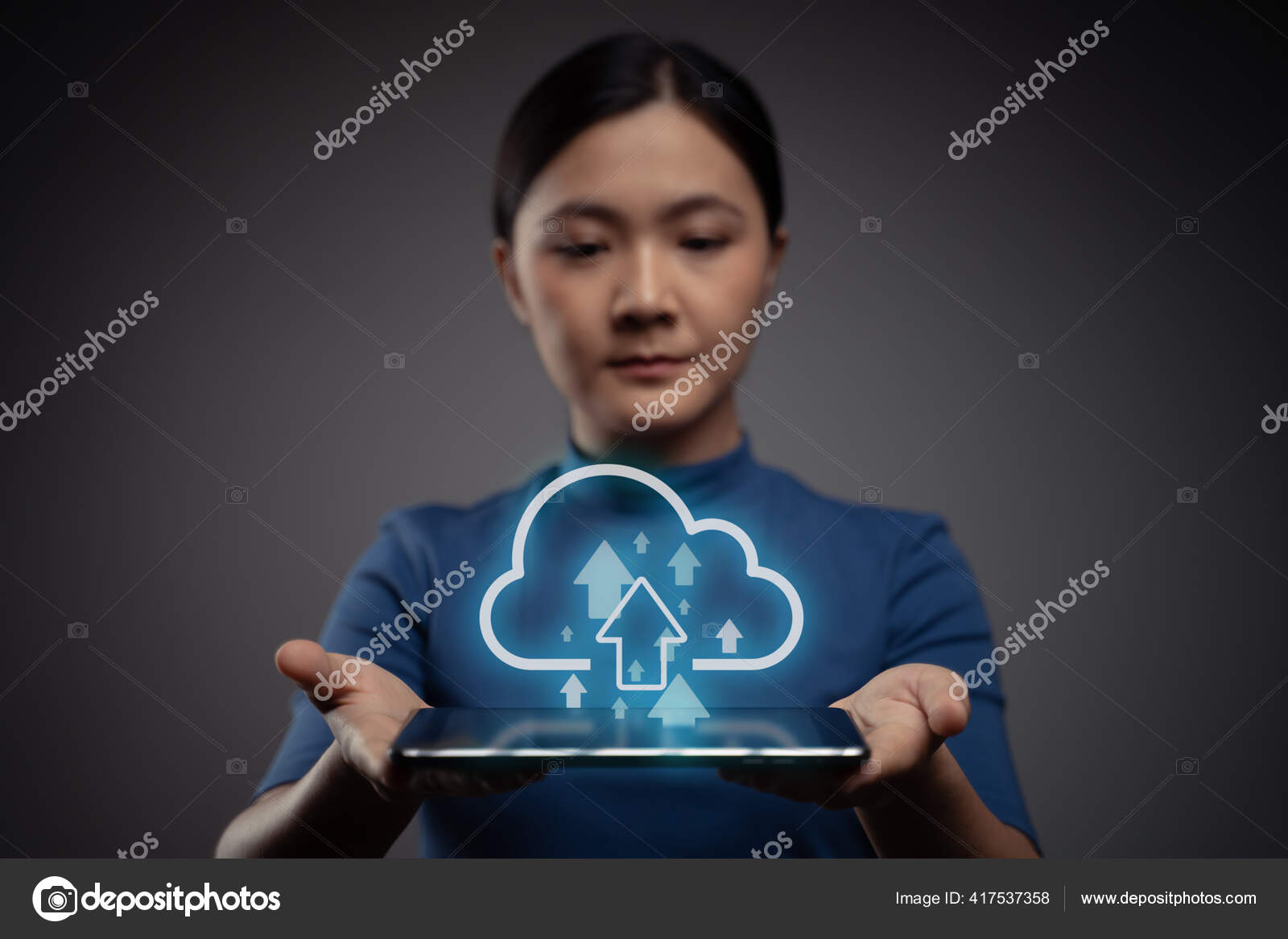 Woman Using Tablet Upload Cloud Icon Hologram Effect — Stock Photo ...