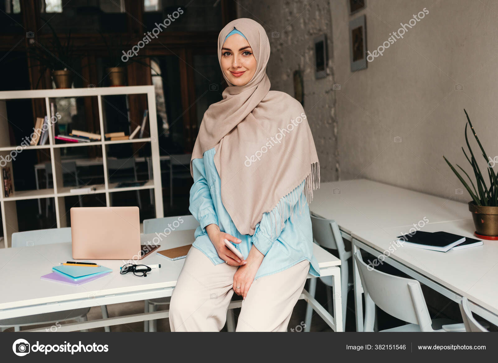 Young Pretty Modern Muslim Woman Hijab Working Office Room Education ...