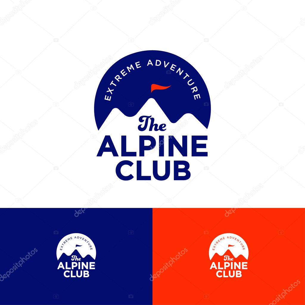 Logo del club alpino. Picos de montaña y banderín en la cima de la ...