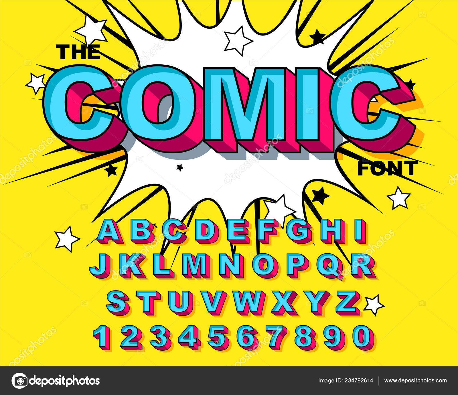 Comic Alphabet. Retro blue Letters, numbers for illustrations, Stock ...