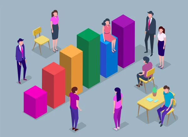 People in a team build a pay chart, interact with graphs. Stock Vector ...