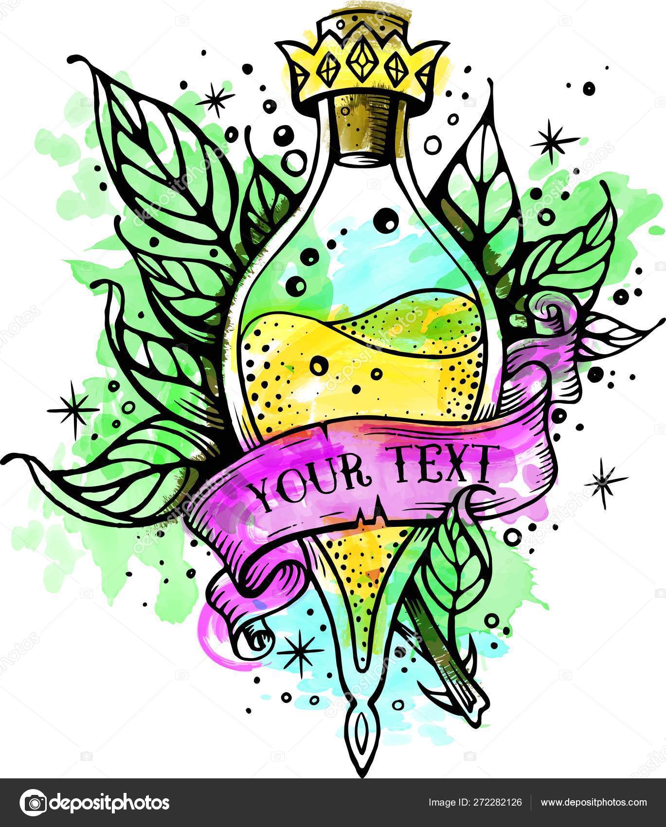 Witch and magic flask potion with crown,branches with leaves ...