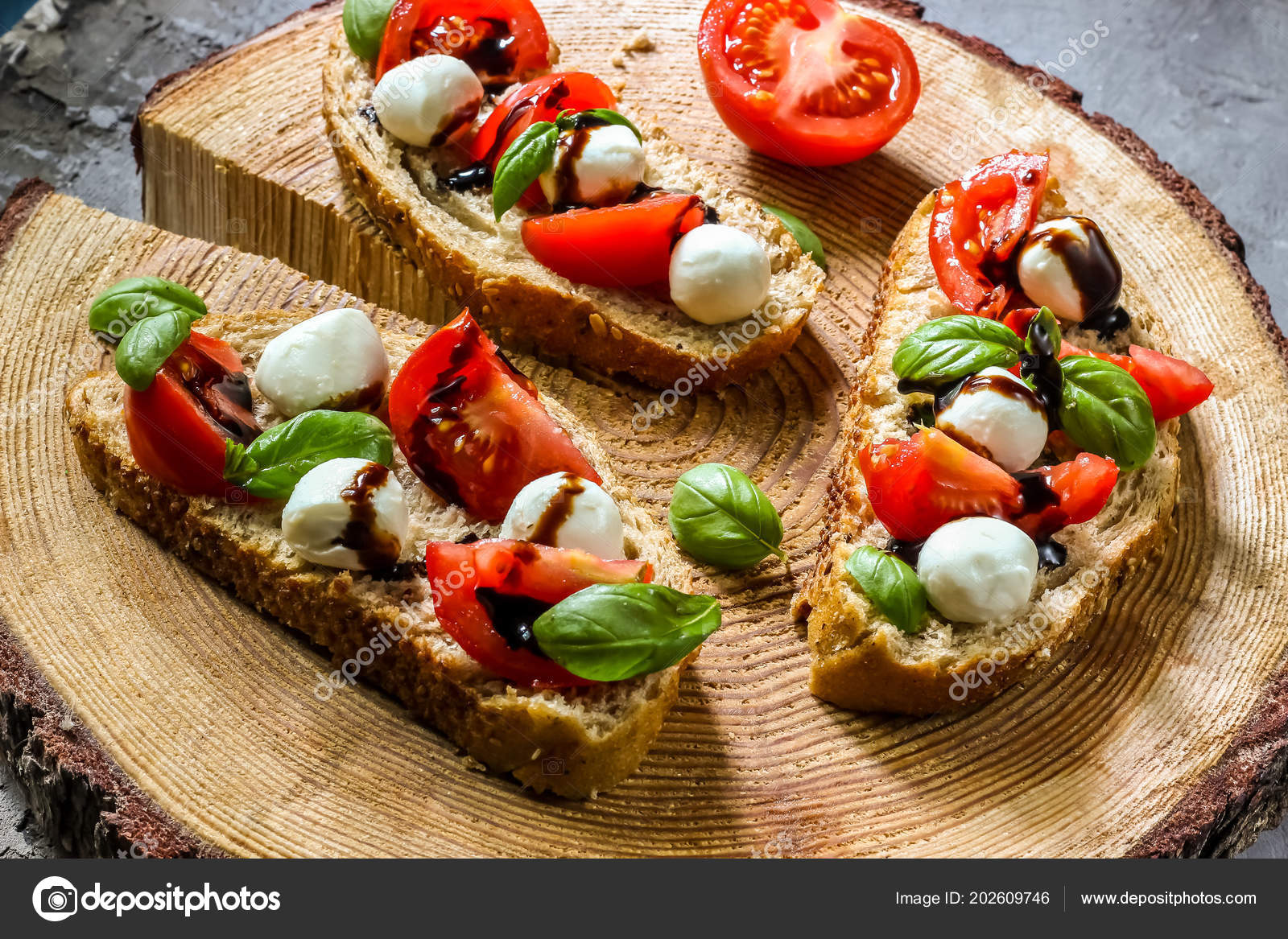 Caprese Bruschetta Toasts Cherry Tomatoes Mozzarella Basil Top View ...