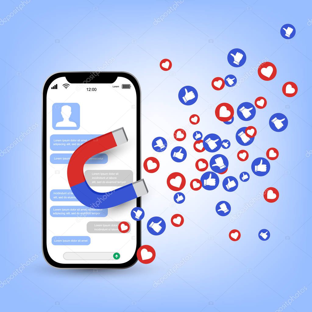 Tel fono m vil inteligente con im n que atrae corazones y gustos. Concepto de marketing en redes ...