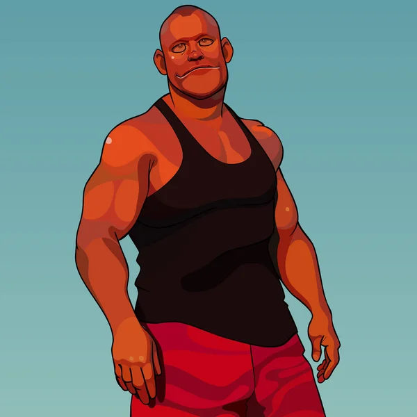 Cartoon calm sturdy muscular man dressed in sports clothes stands in ...
