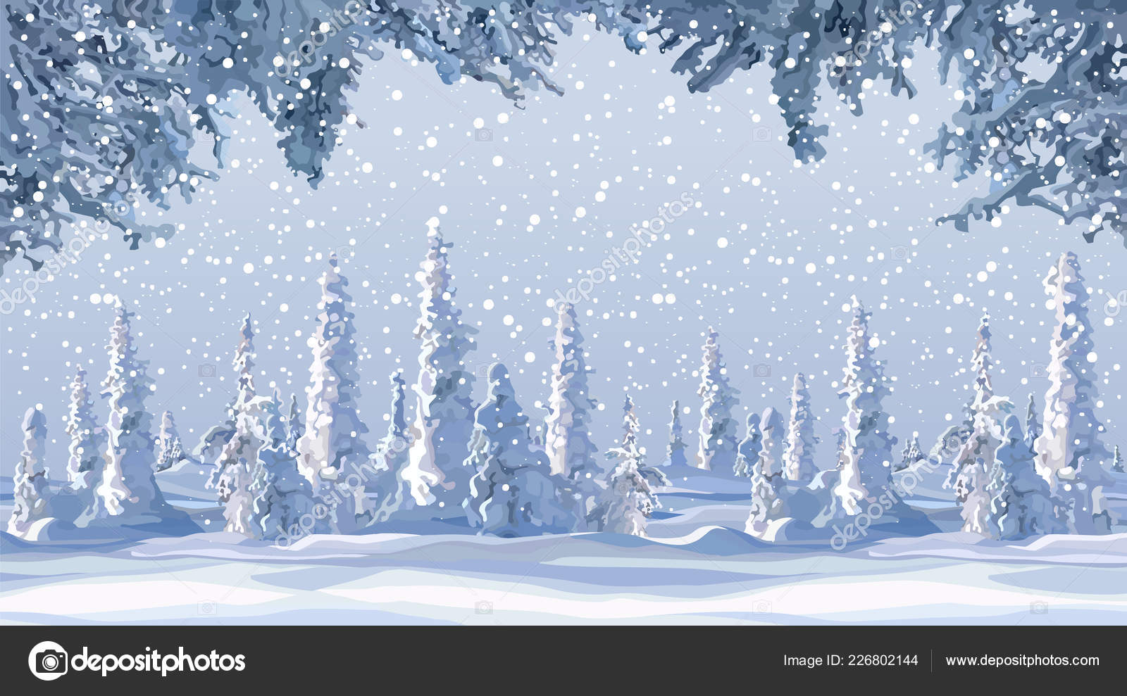 Cartoon Beautiful Winter Background Snow Covered Firs Snowfall Stock ...