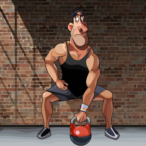 Cartoon male athlete doing exercise with kettlebell — Stock Illustration