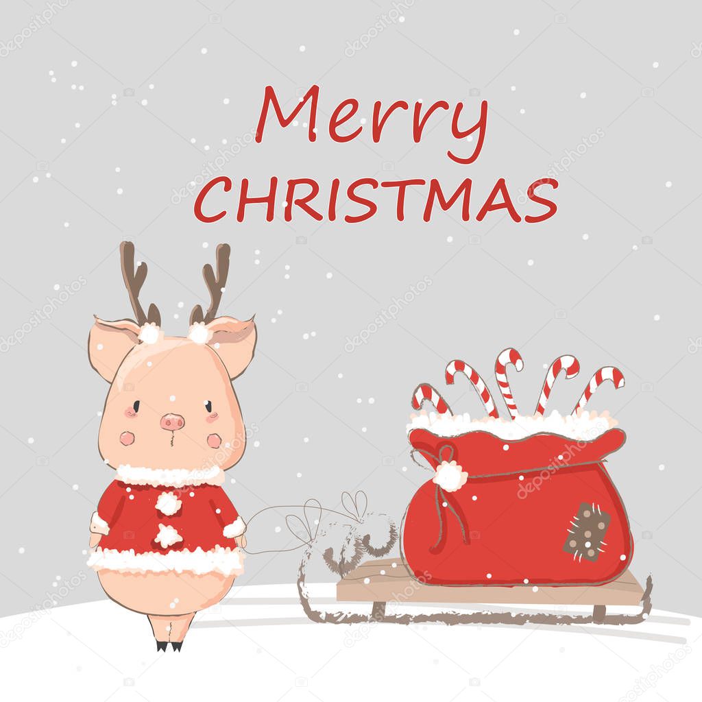 Vector cerdo con cuernos de Navidad de un ciervo. Ilustración dibujada ...