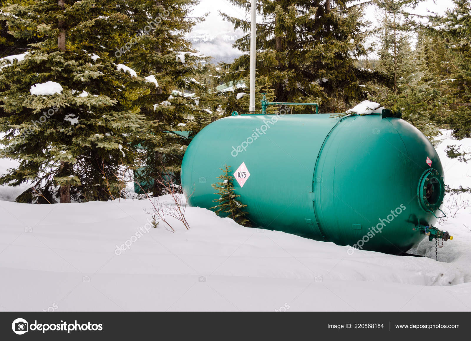 Big Green Propane Tank Backyard Covered Snow Pine Trees Background ...