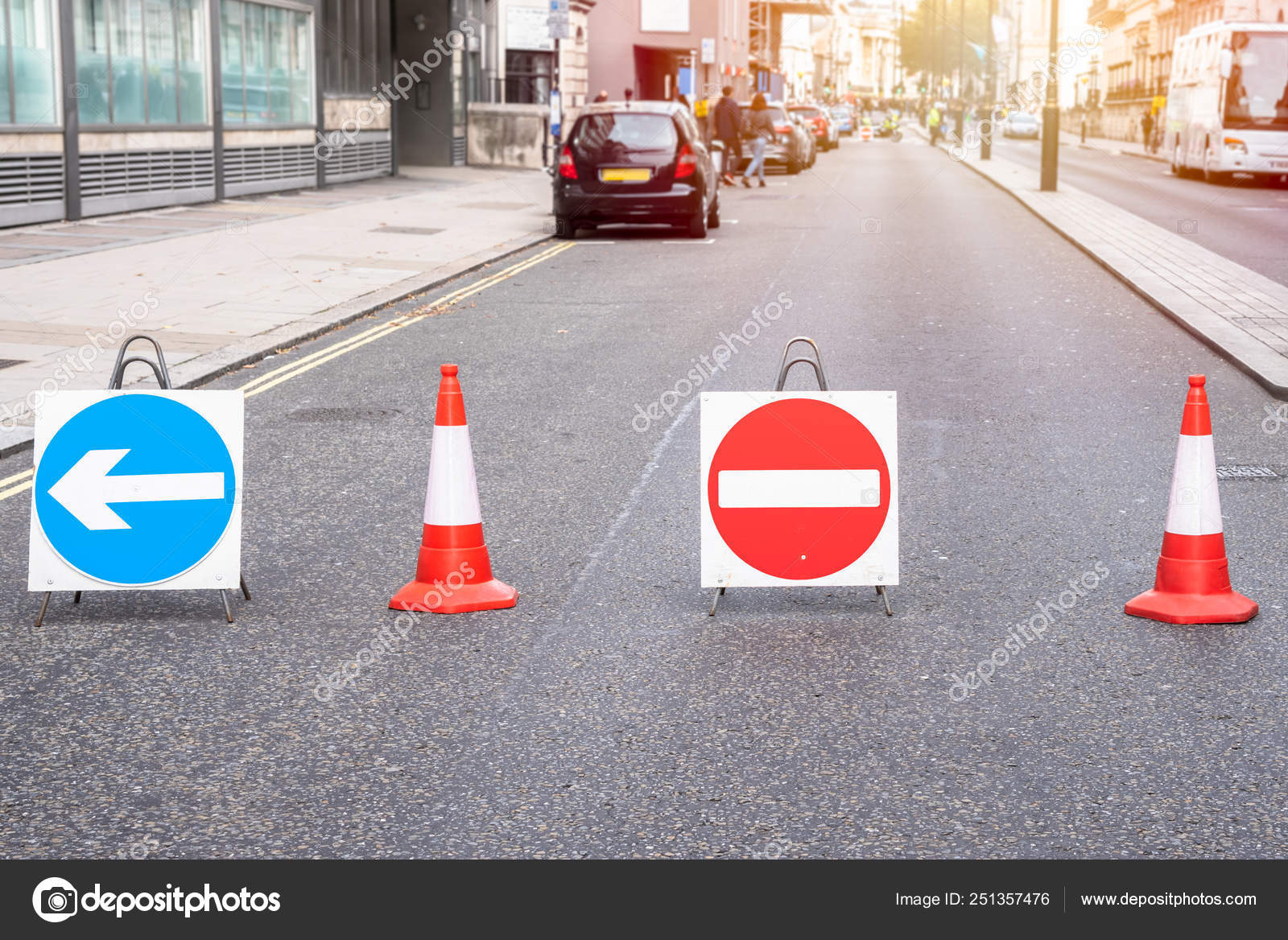 Traffic Signs Cones Blocking Street City Centre Sunny Autumn Day Stock ...
