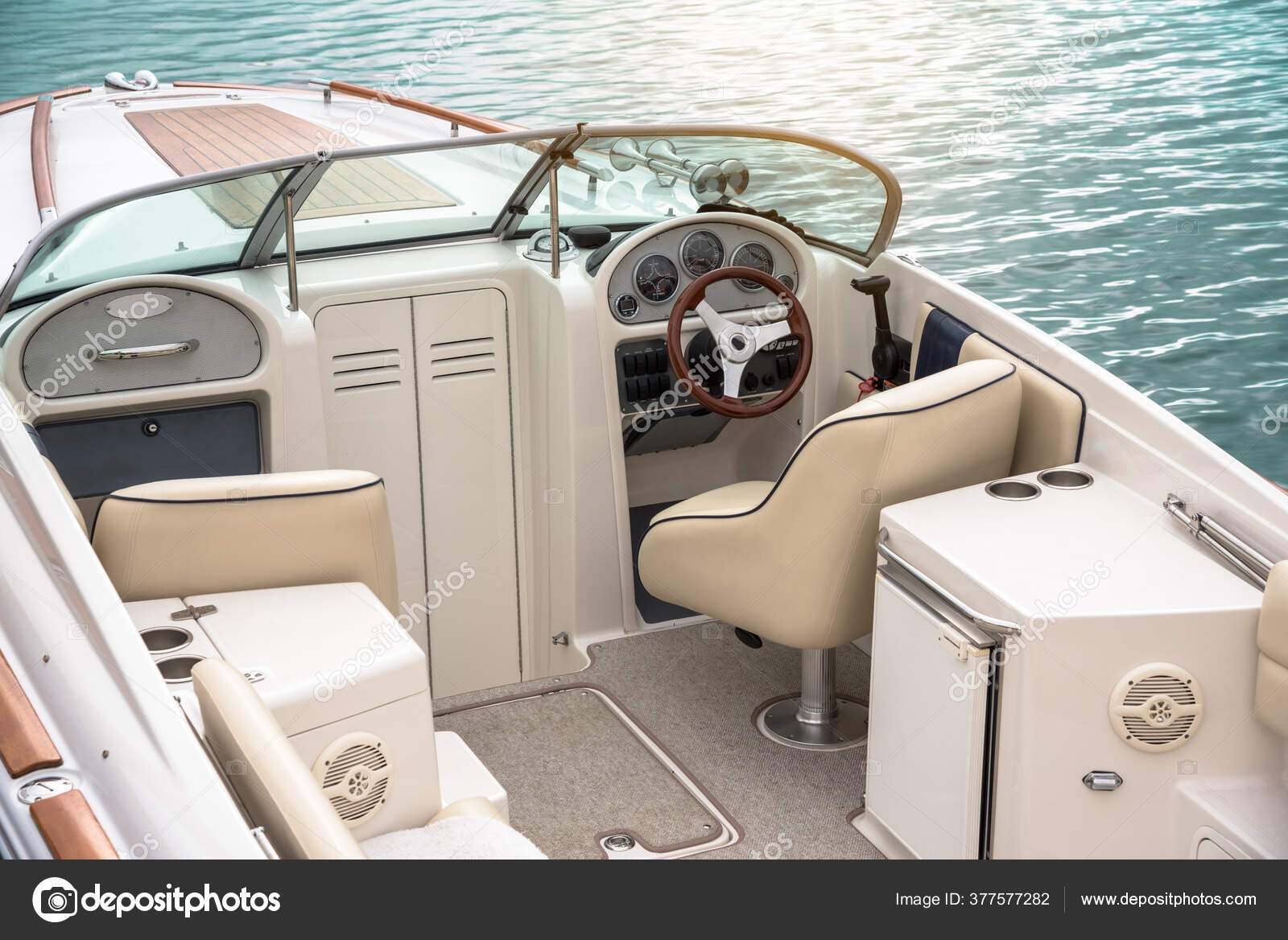 View Deserted Cockpit Luxury Speedboat Moored Lake Harbour Sunny Autumn ...