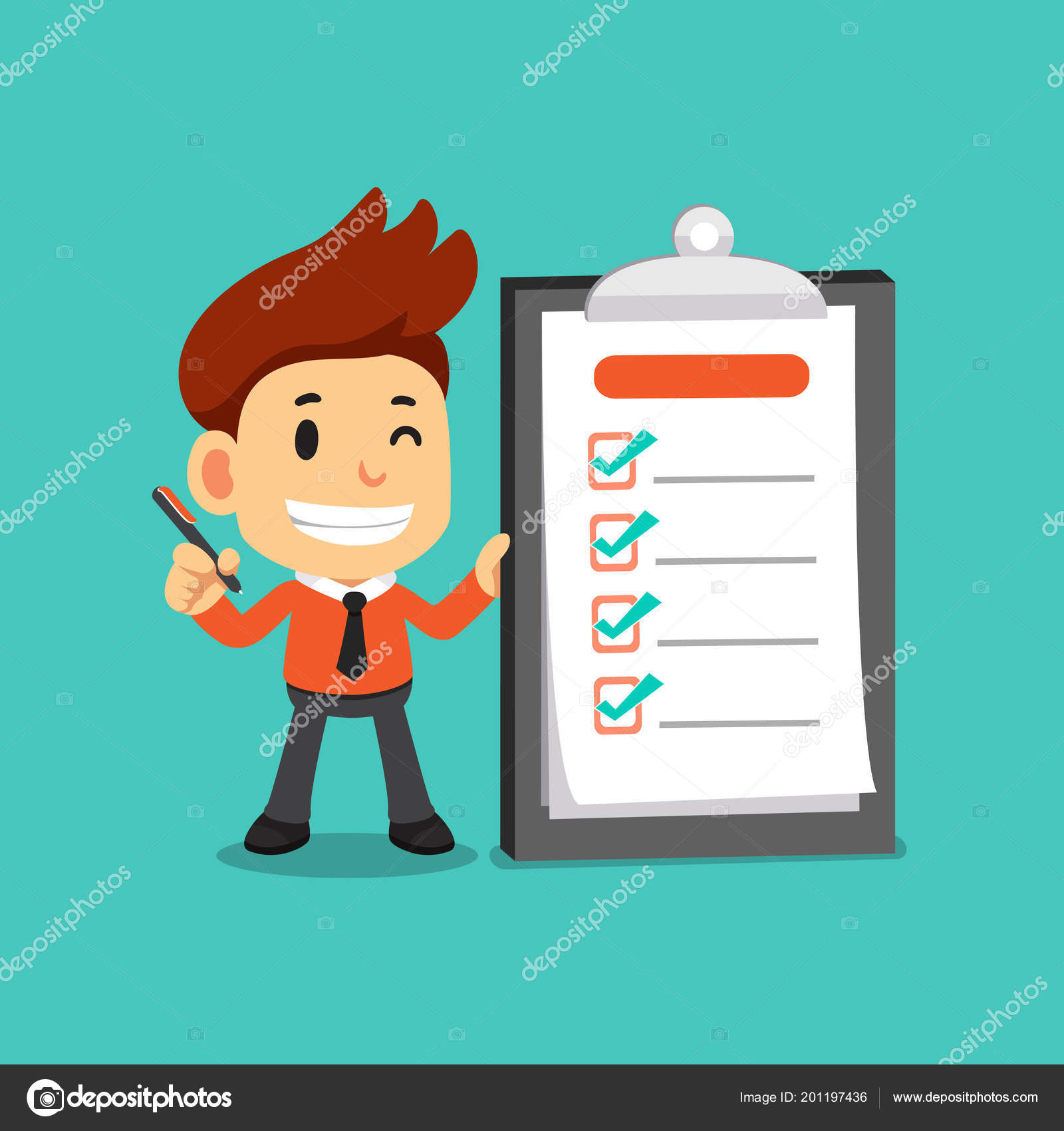 Vector Cartoon Businessman Holding Pen Completed Checklist Clipboard ...